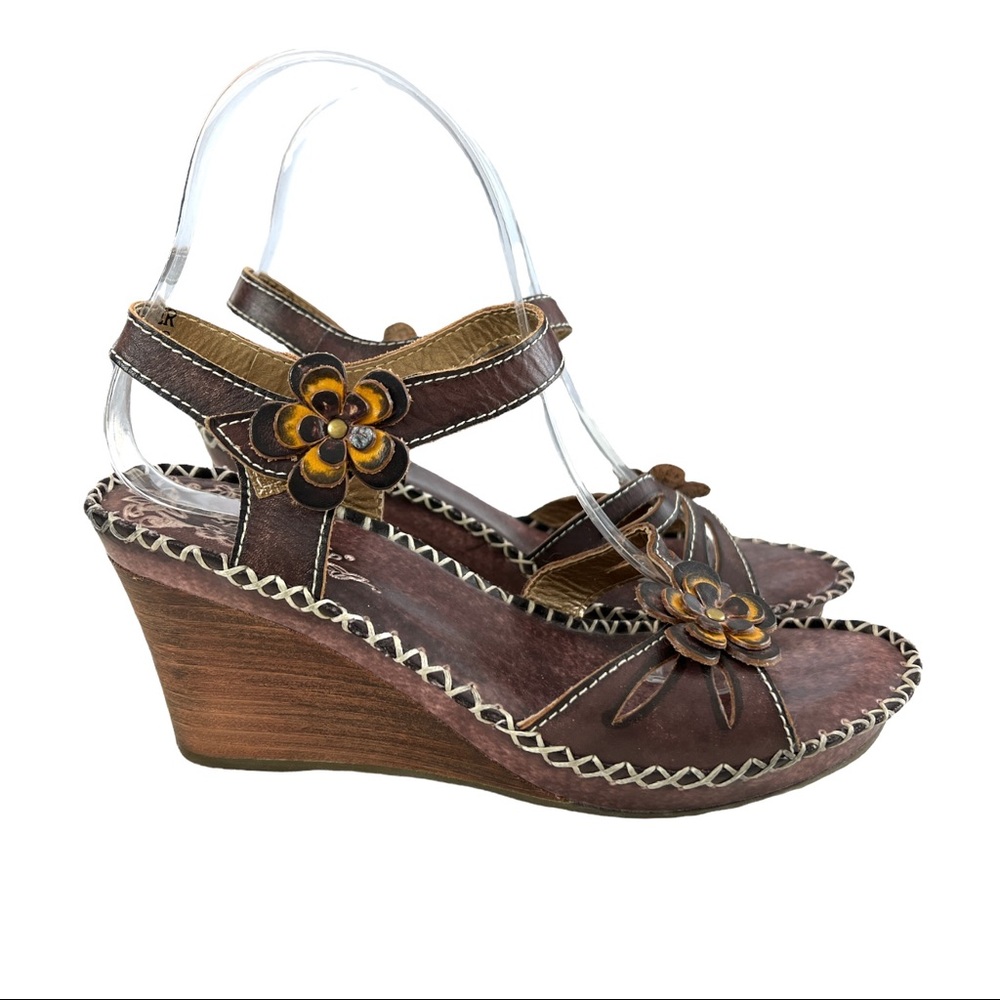 Spring Step Lilibeth Brown Leather Wedge Sandals Us 5… - Gem